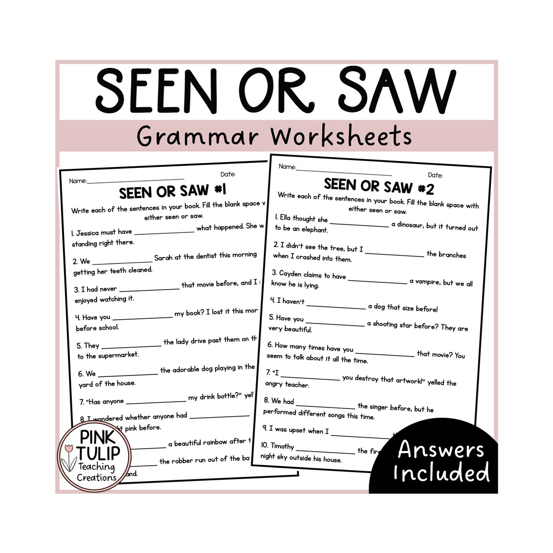 Seen or Saw Grammar Worksheets - Etsy
