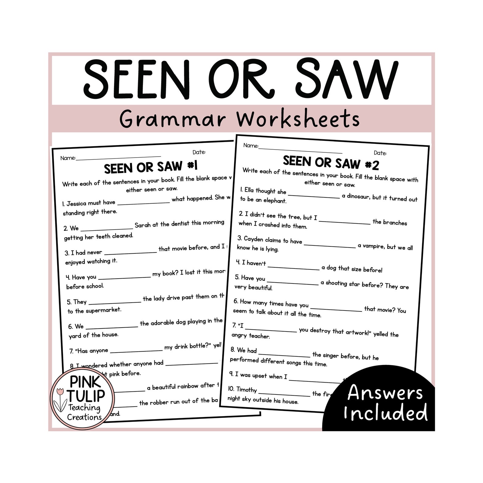 Seen or Saw Grammar Worksheets - Etsy
