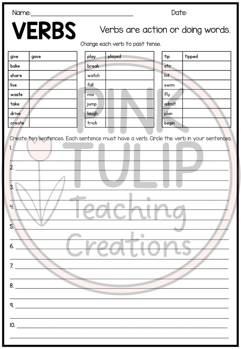 Understanding Verbs Worksheets - No Prep Printables - Etsy
