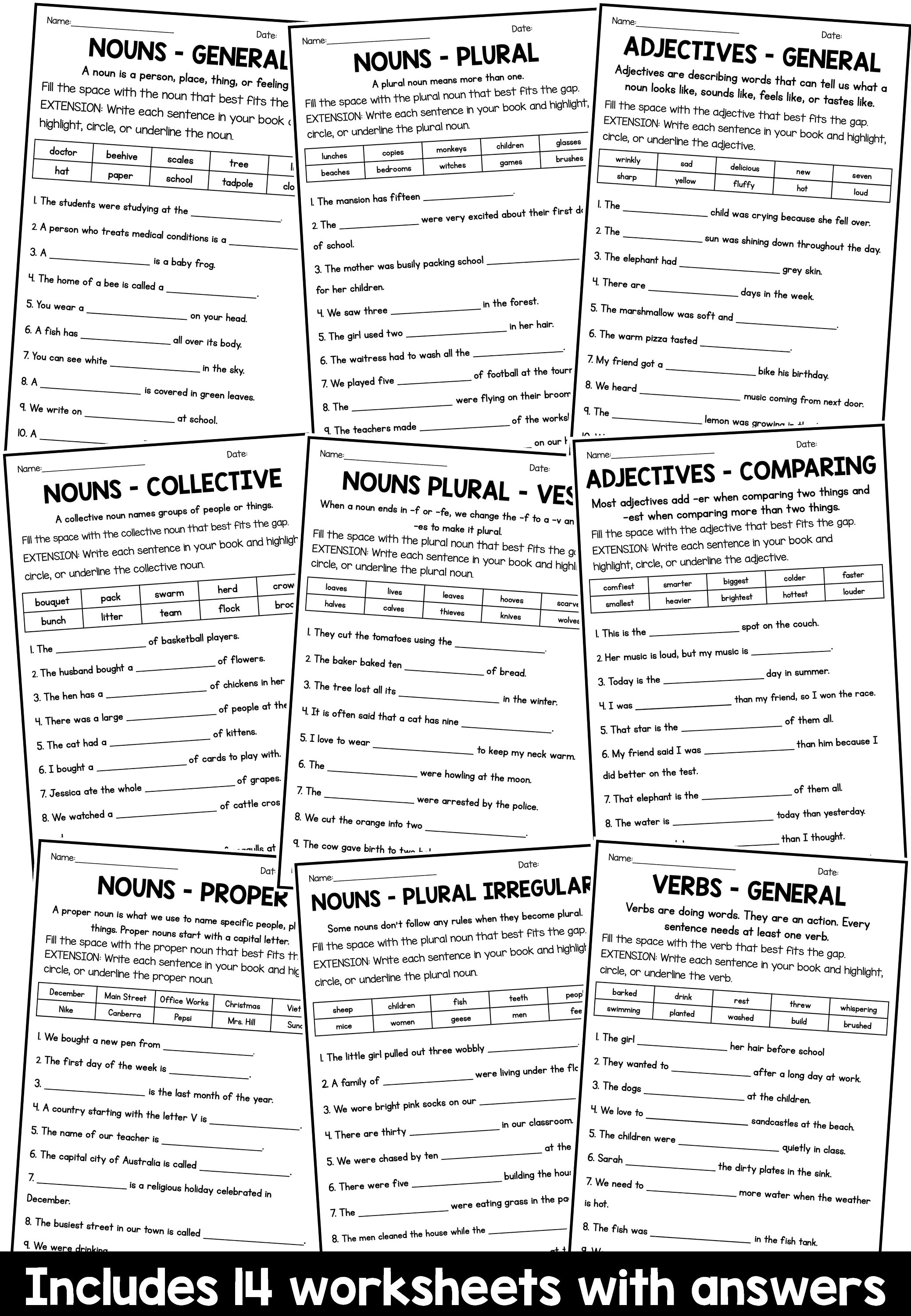 Parts of Speech - Fill the Blanks Worksheets - Etsy