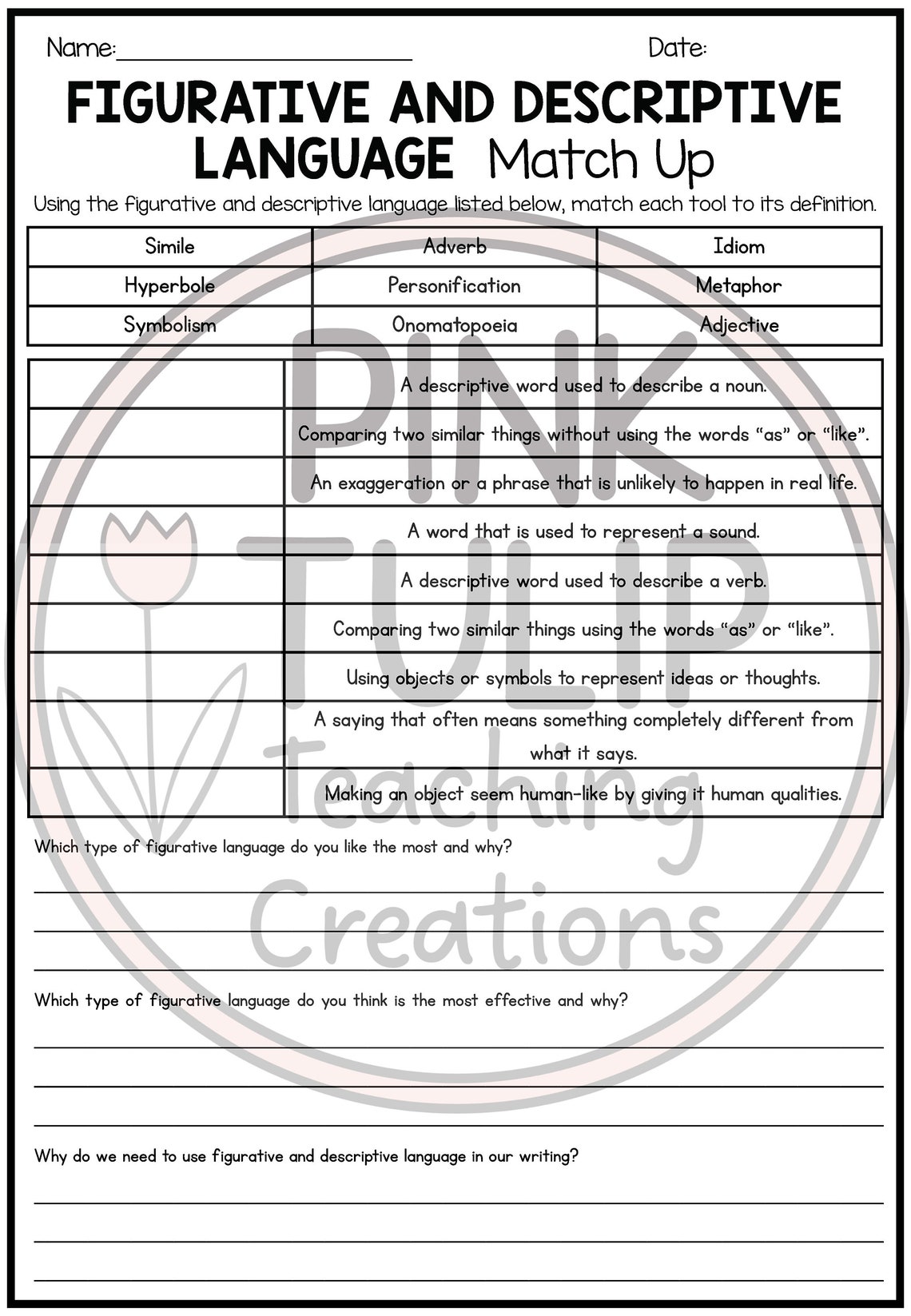 Figurative and Descriptive Language - Narrative Writing Worksheets - Etsy