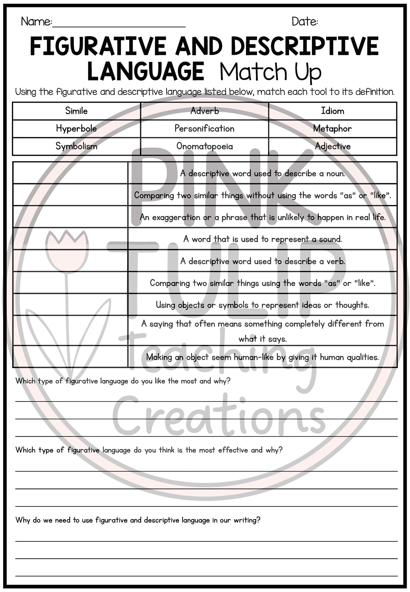 Figurative and Descriptive Language - Narrative Writing Worksheets - Etsy