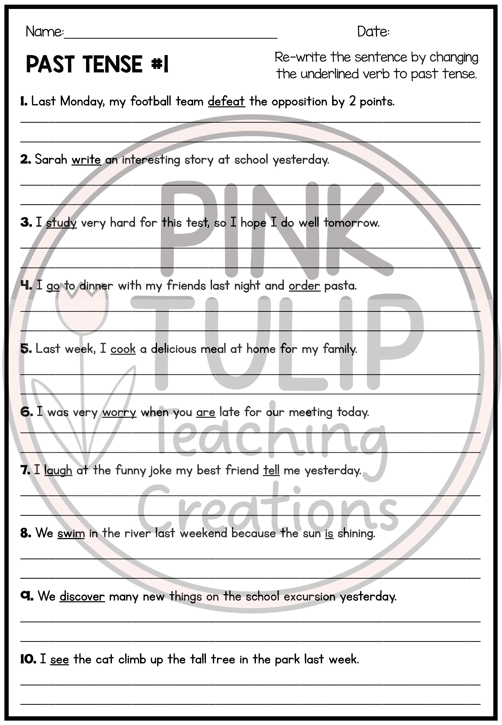 Change the Verb to Past Tense - Worksheet Pack - Etsy