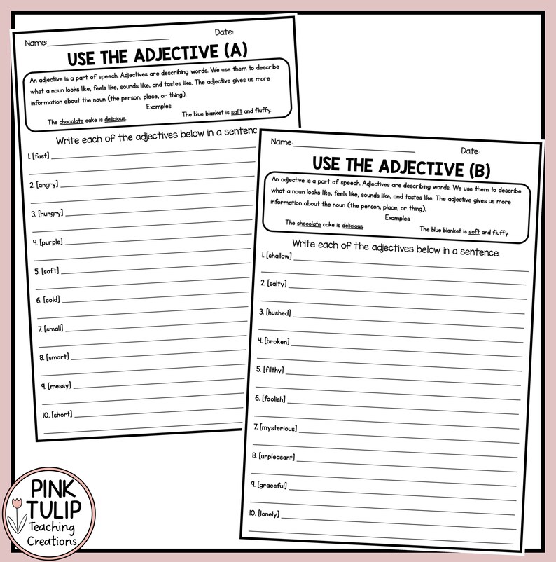 Adjectives Worksheet Pack With Answers - Etsy