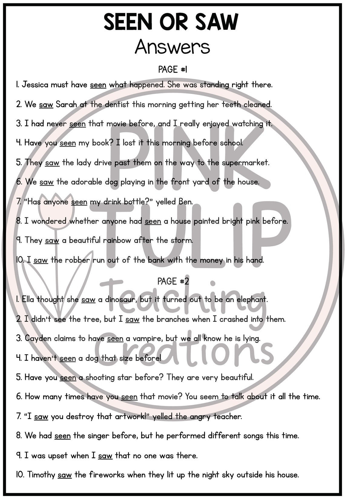 Seen or Saw Grammar Worksheets - Etsy