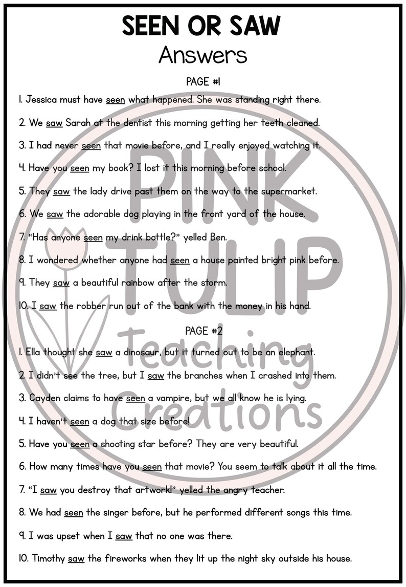 Seen or Saw Grammar Worksheets - Etsy