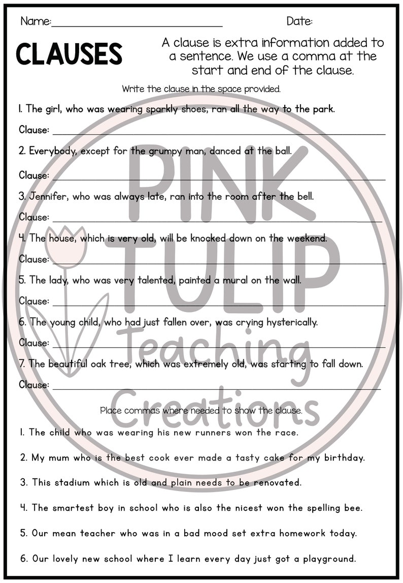 Understanding Clauses Worksheets - No Prep Printables - Etsy