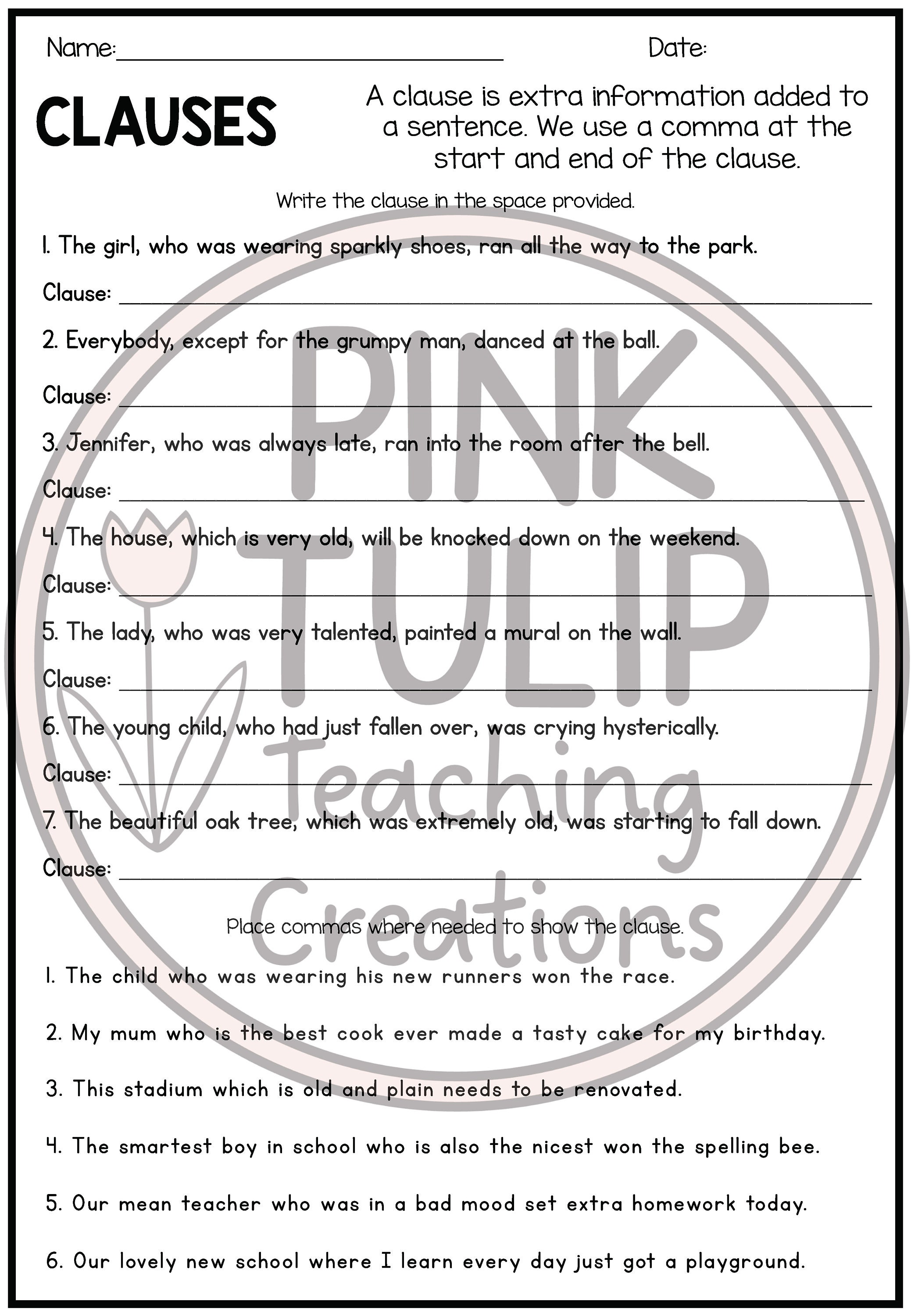Understanding Clauses Worksheets - No Prep Printables - Etsy