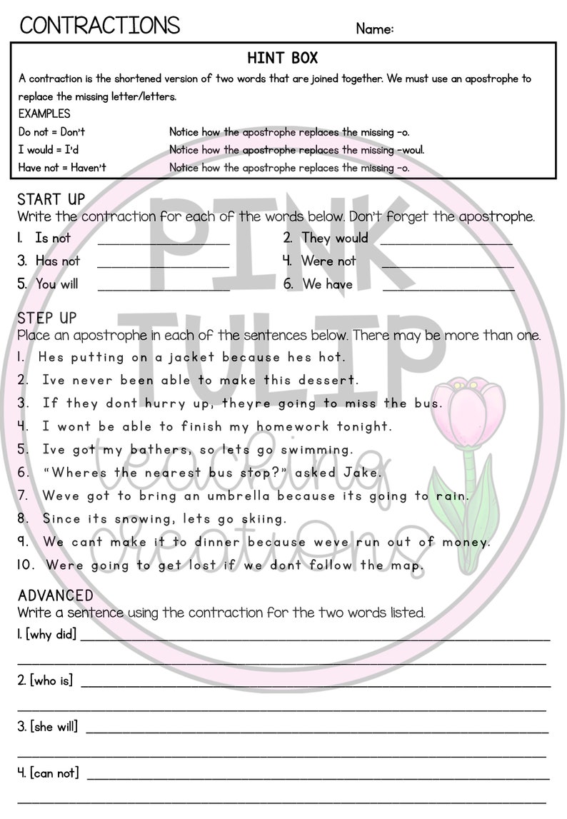 Contractions Conjunctions Abbreviations Grammar Worksheets - Etsy