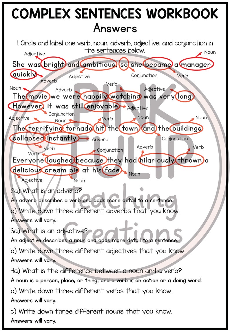 Complex Sentence Workbook - Grammar and Parts of Speech - Etsy