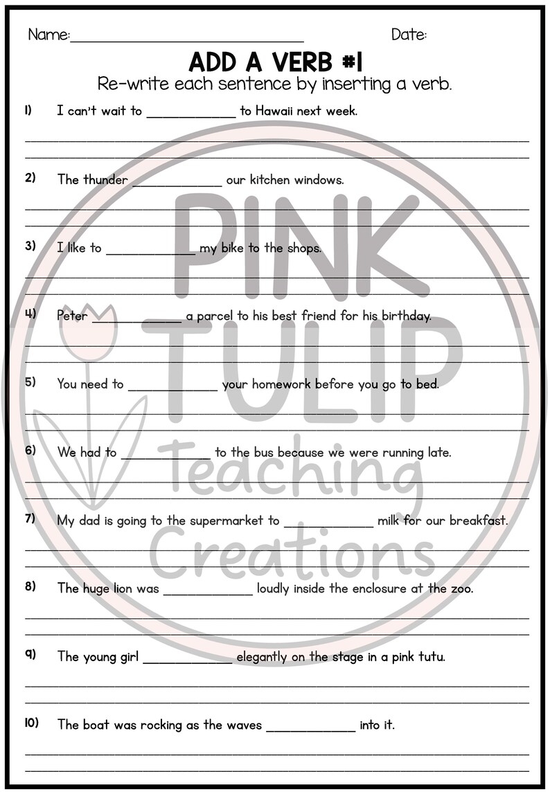 Add A Verb to the Sentences - Fill in the Blanks Worksheet Pack - Etsy