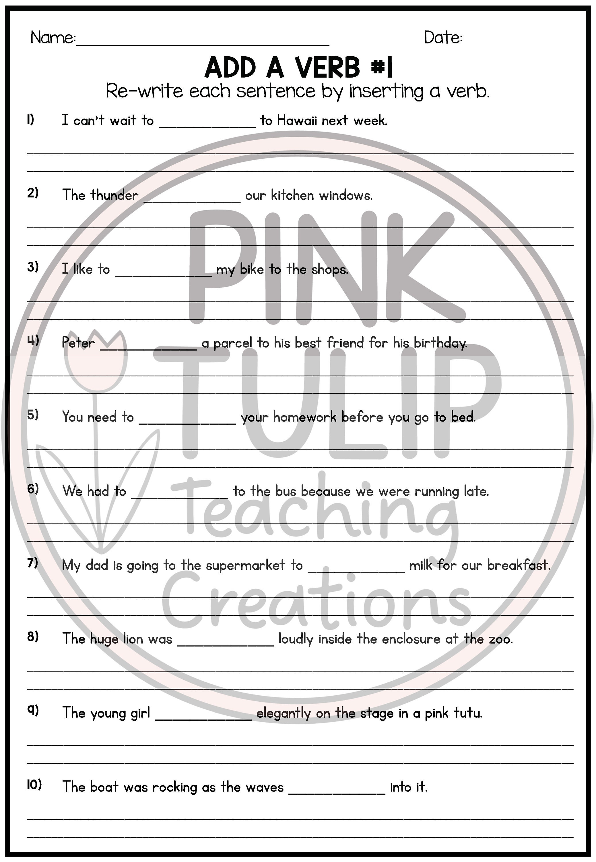 Add A Verb to the Sentences - Fill in the Blanks Worksheet Pack - Etsy