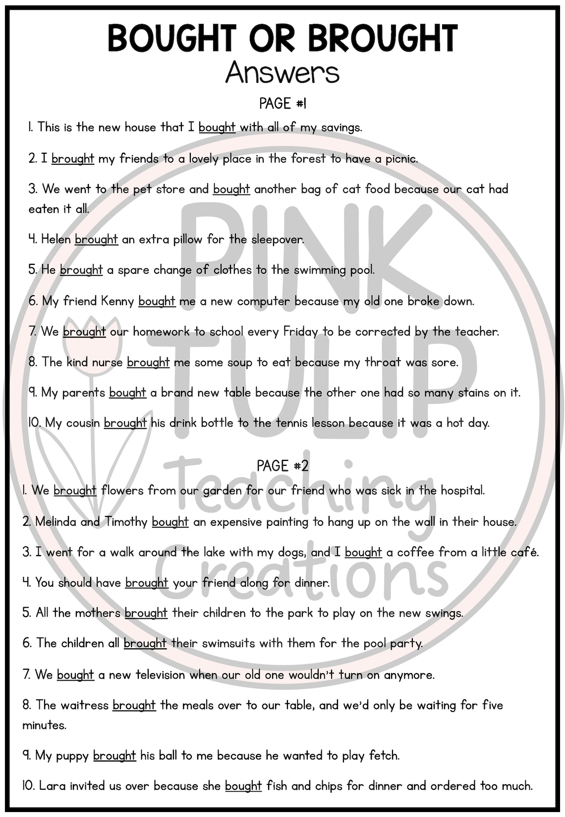 Bought or Brought Grammar Worksheets - Etsy