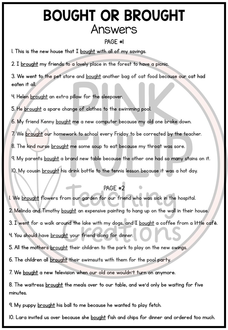 Bought or Brought Grammar Worksheets - Etsy