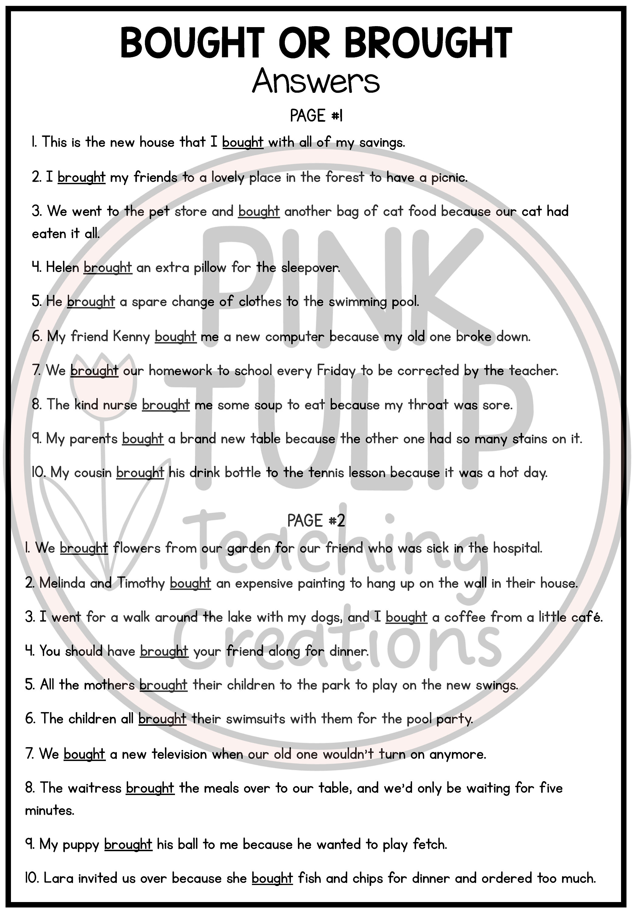 Bought or Brought Grammar Worksheets - Etsy