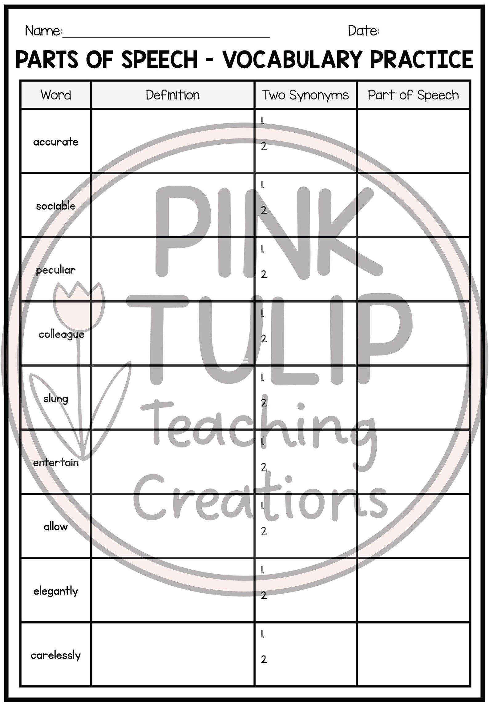 Parts of Speech Mini Unit - Structured Worksheet Pack - Etsy