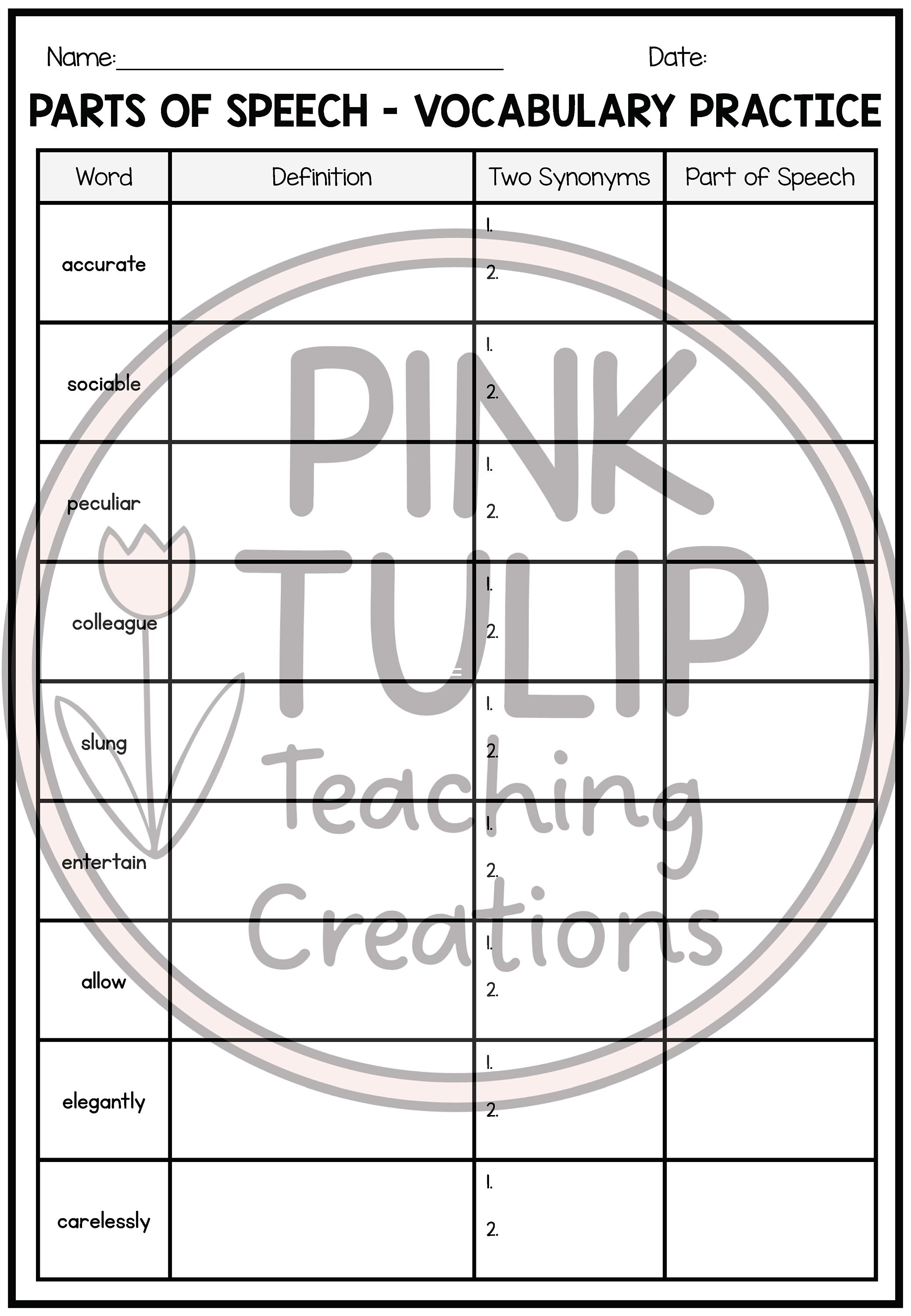 Parts of Speech Mini Unit - Structured Worksheet Pack - Etsy