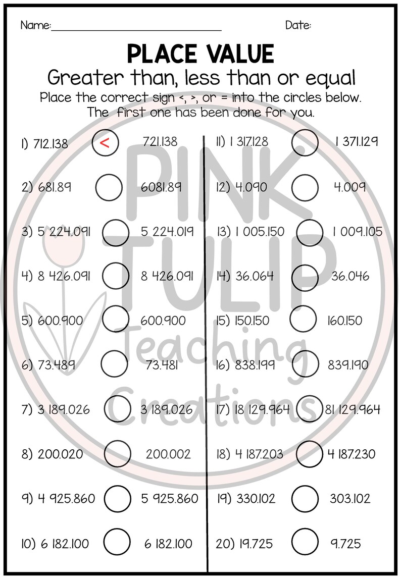Decimal Place Value Into the Thousandths - Worksheet Pack - Etsy