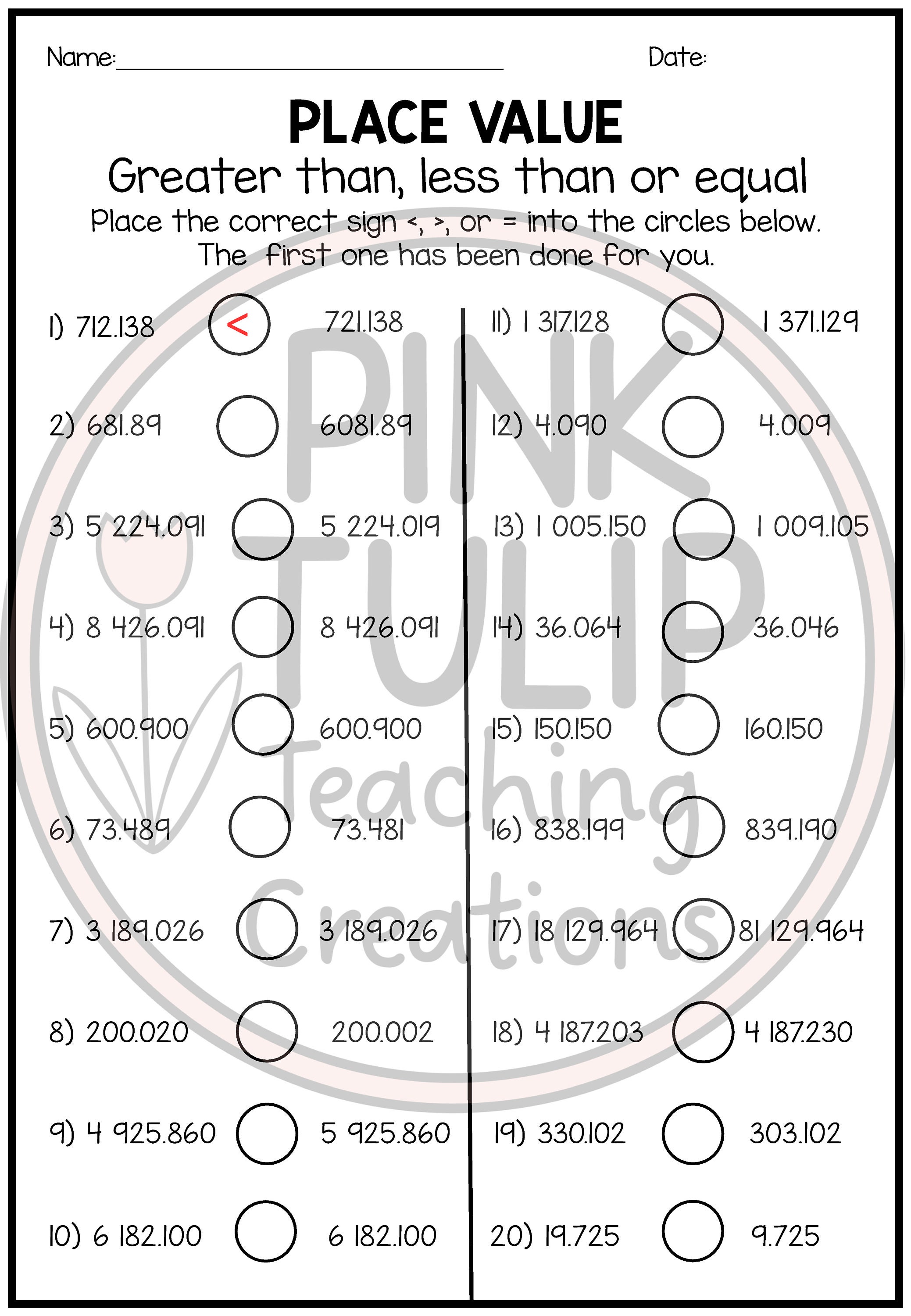 Decimal Place Value Into the Thousandths - Worksheet Pack - Etsy