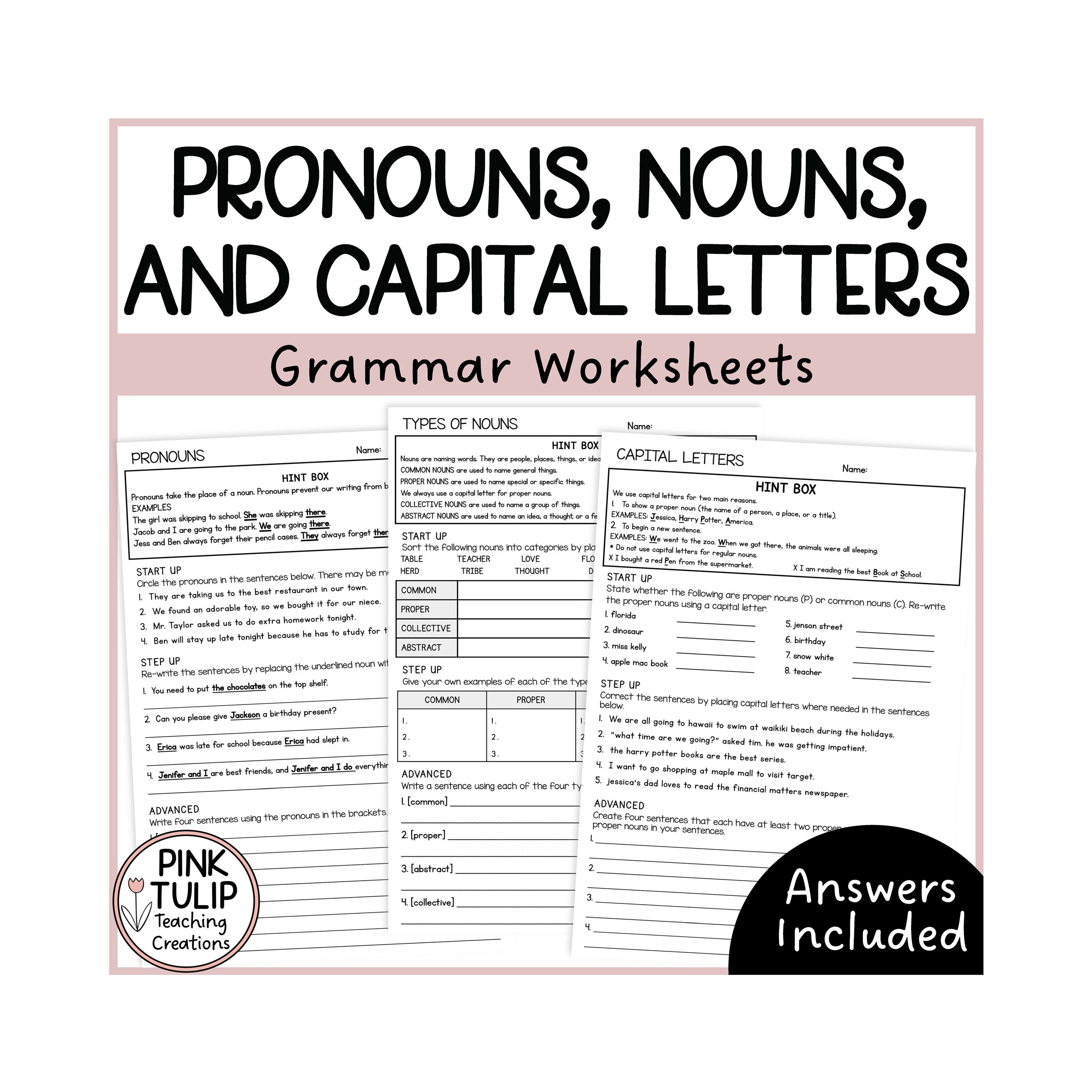 Nouns, Pronouns, and Capital Letters - Grammar Worksheets With Answers ...