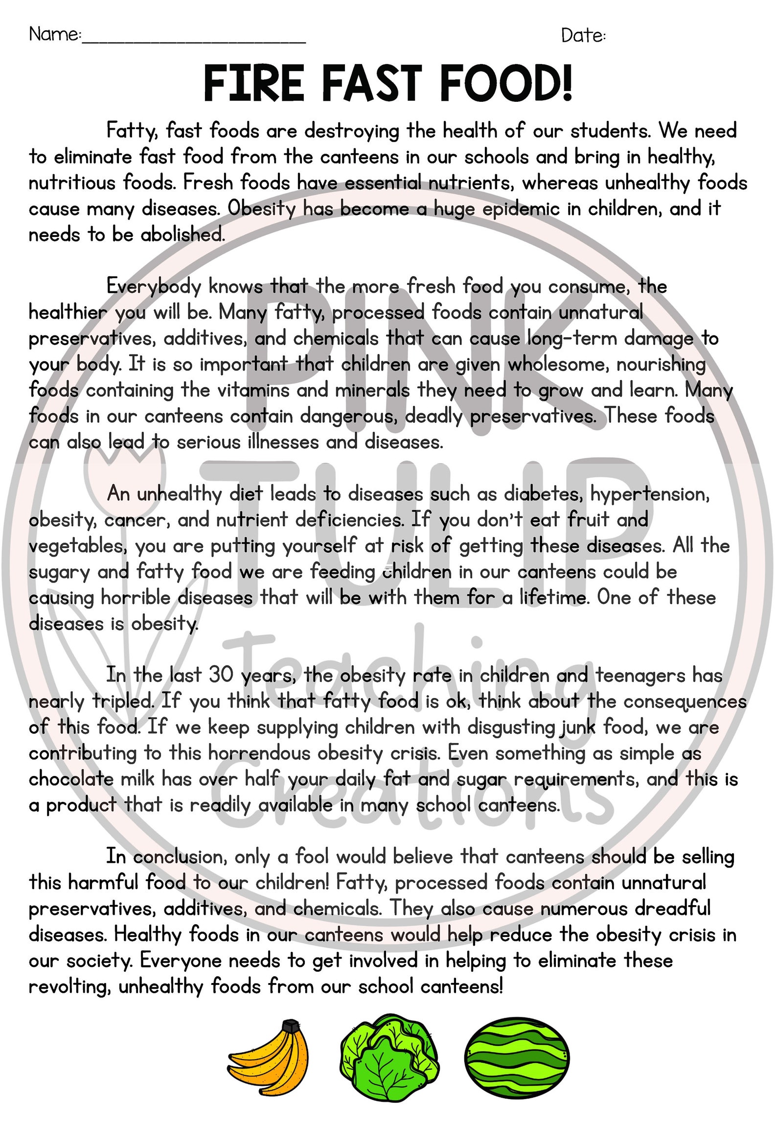 Persuasive Writing Comprehension - Fire Fast Food - Etsy