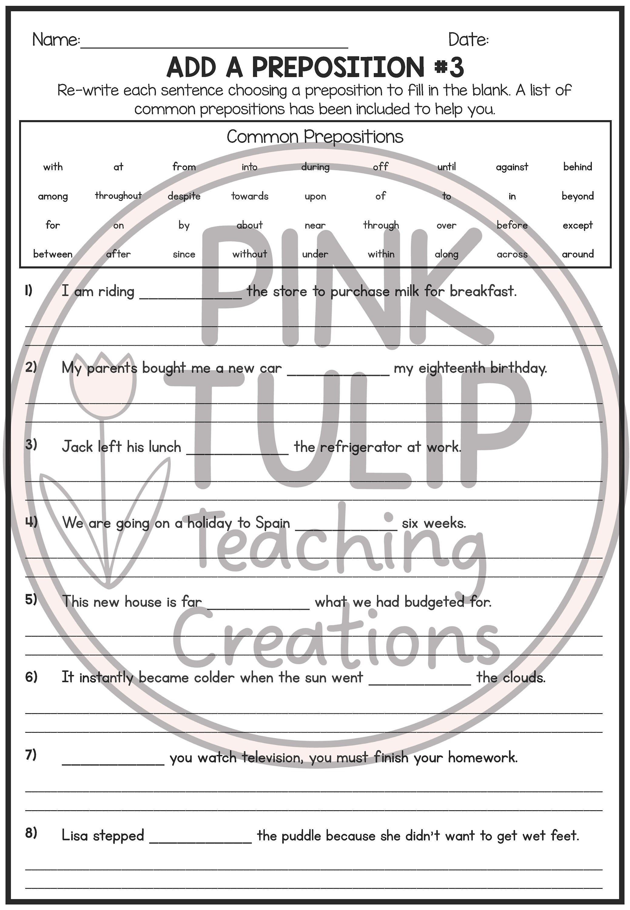 Add A Preposition to the Sentences - Fill in the Blanks Worksheet Pack ...