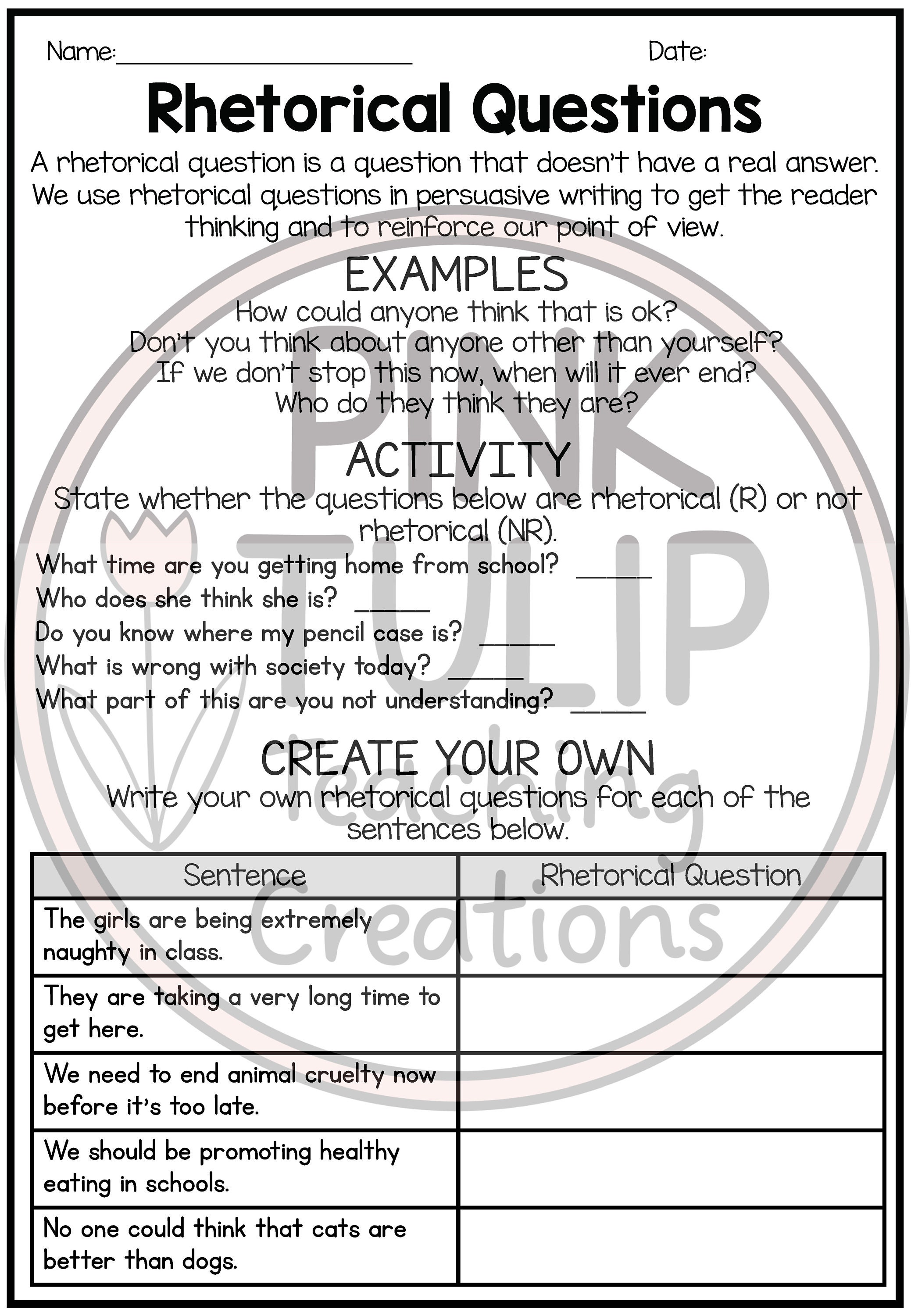 Rhetorical Questions - Persuasive Writing Worksheets - Etsy