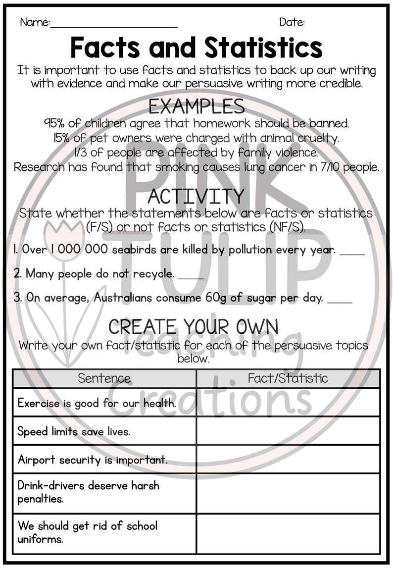 Facts and Statistics - Persuasive Writing Worksheets - Etsy