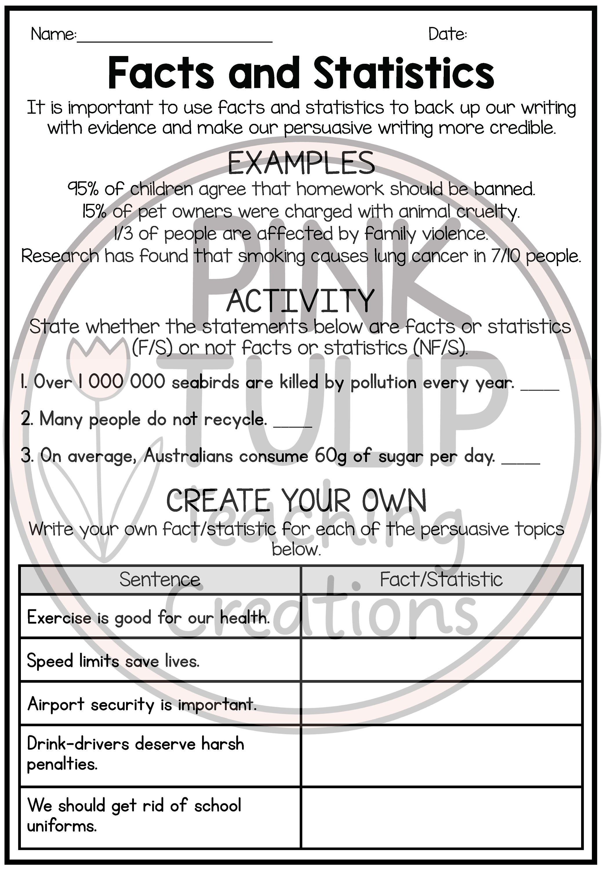 Facts and Statistics - Persuasive Writing Worksheets - Etsy