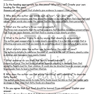 Persuasive Writing Comprehension - Fire Fast Food - Etsy
