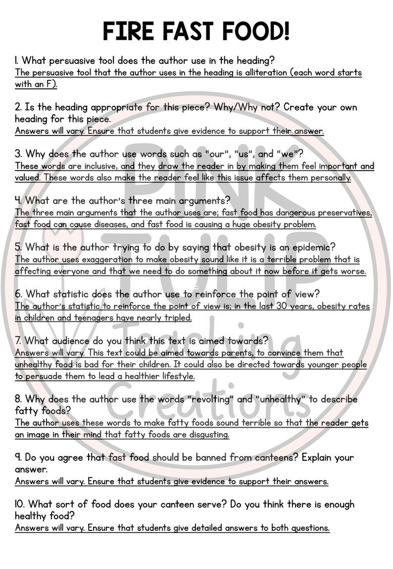 Persuasive Writing Comprehension - Fire Fast Food - Etsy