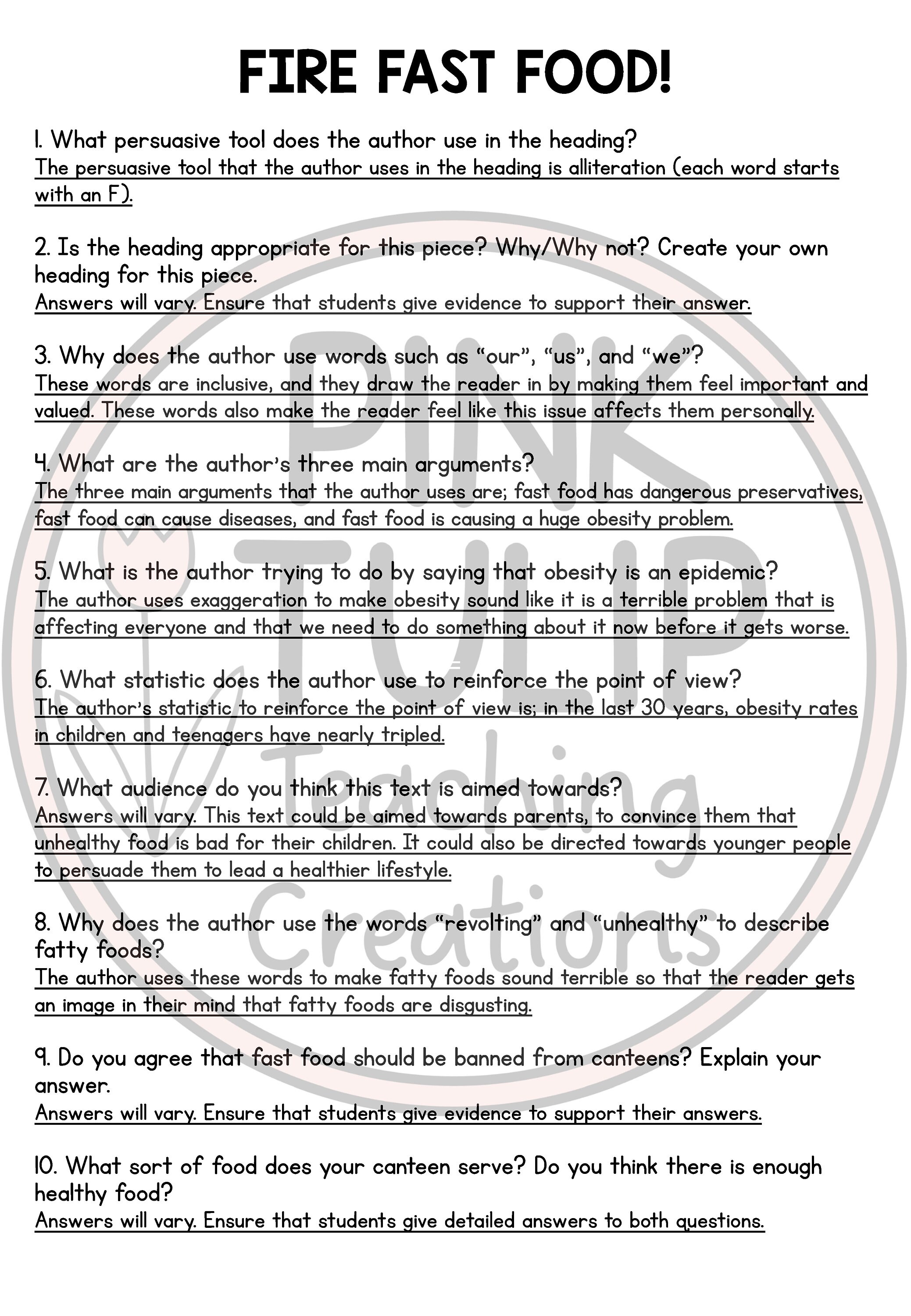 Persuasive Writing Comprehension - Fire Fast Food - Etsy