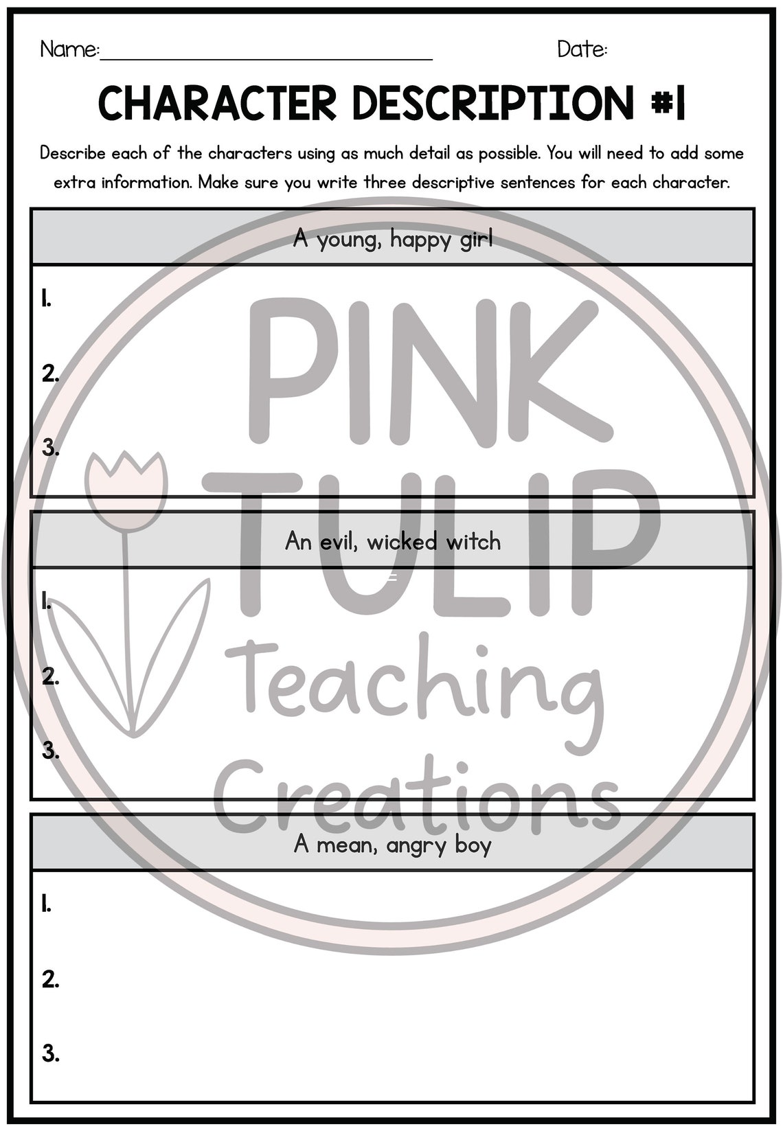 Character Description Narrative Writing Worksheets - Etsy