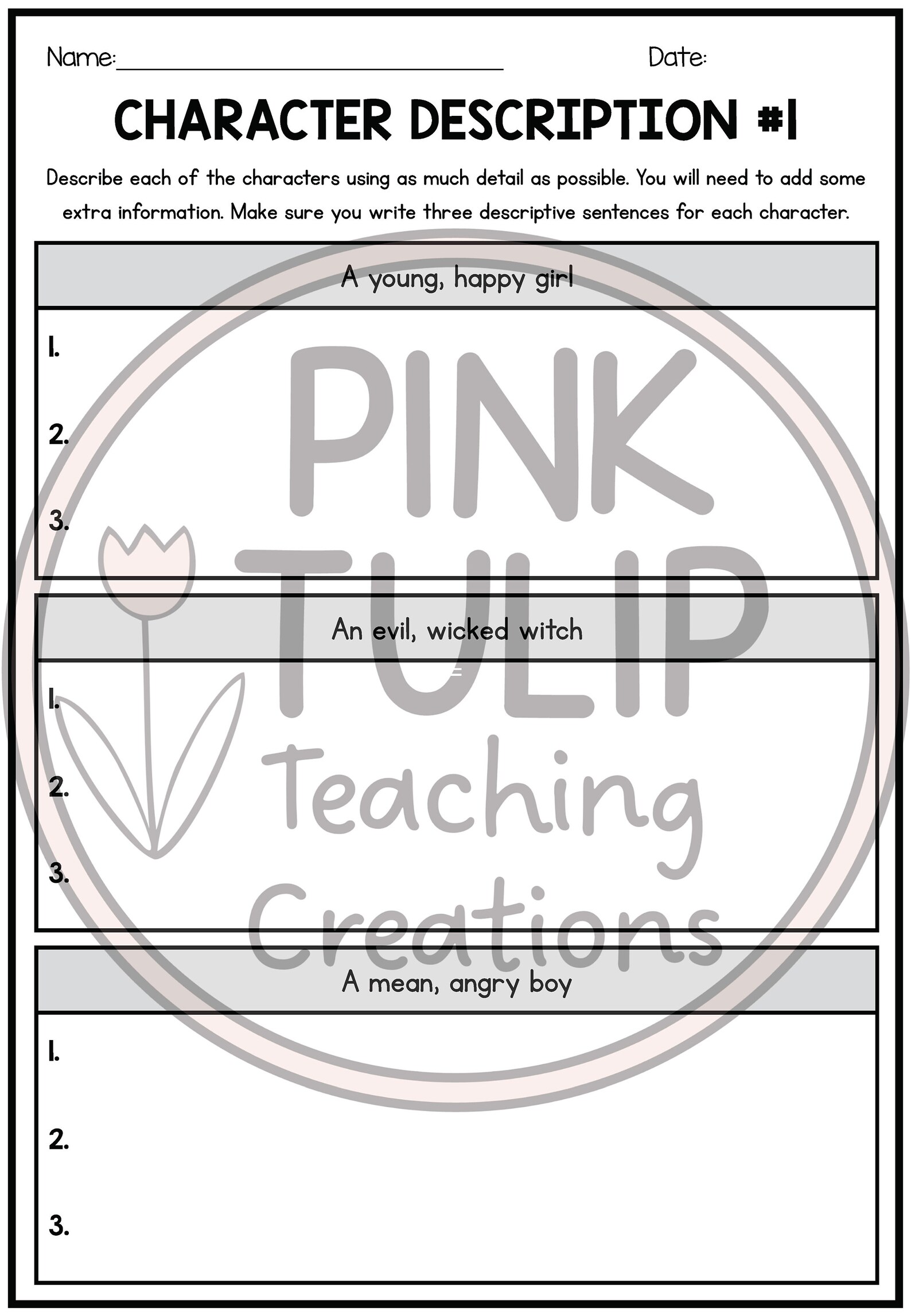 Character Description - Narrative Writing Worksheets - Etsy