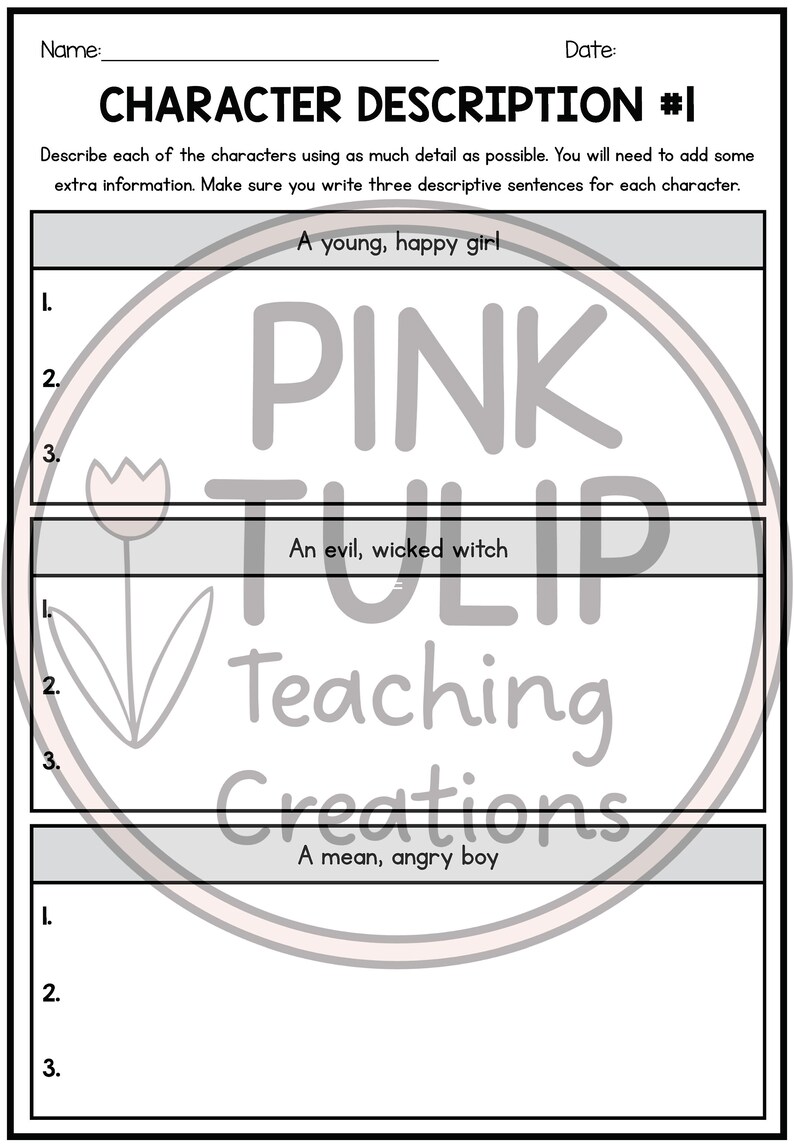 Character Description - Narrative Writing Worksheets - Etsy