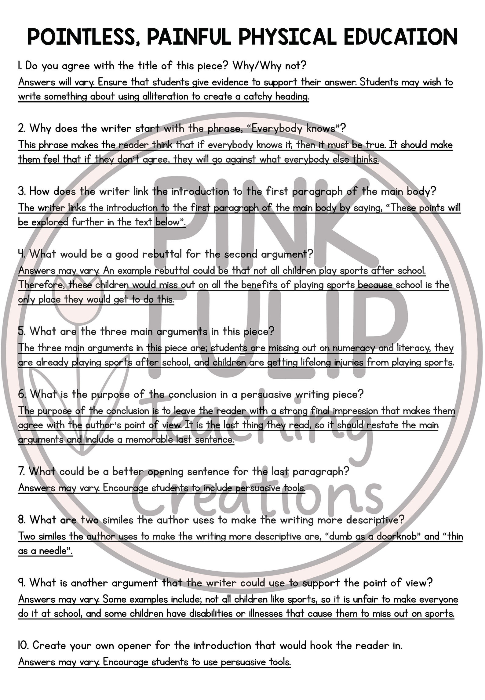 Persuasive Writing Comprehension - Pointless, Painful, Physical ...