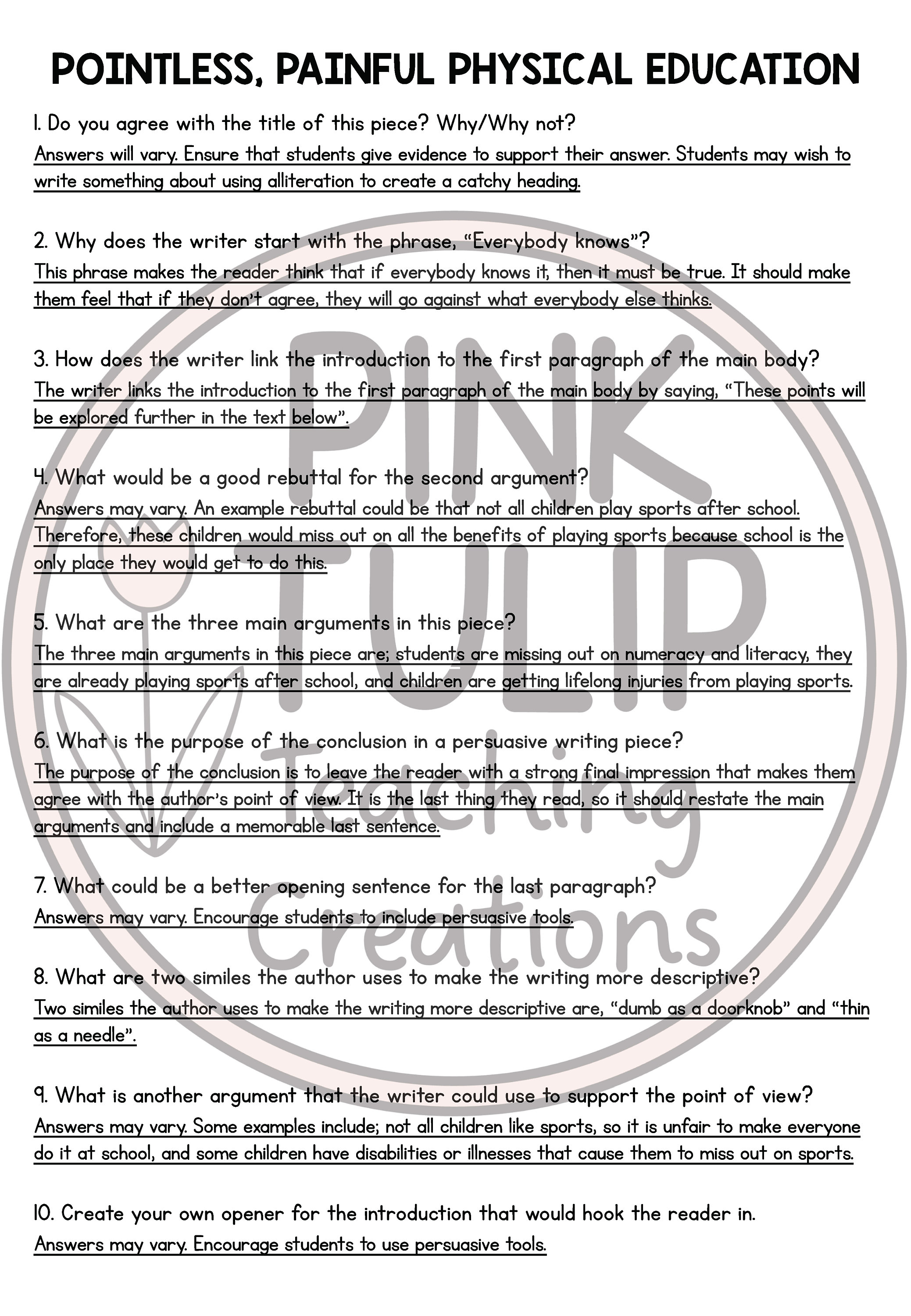 Persuasive Writing Comprehension - Pointless, Painful, Physical ...