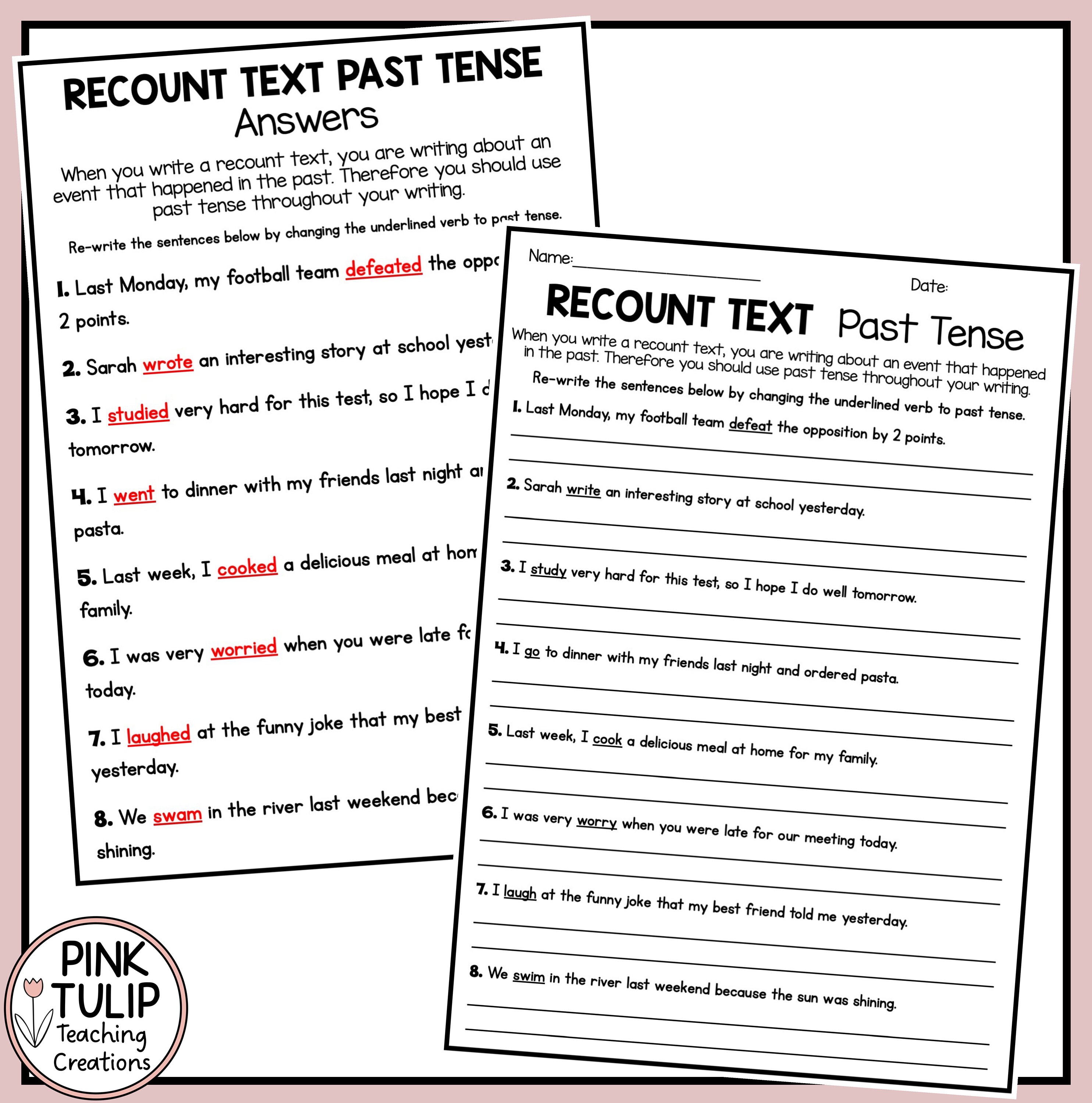 Recount Writing - Past Tense Worksheets - Etsy