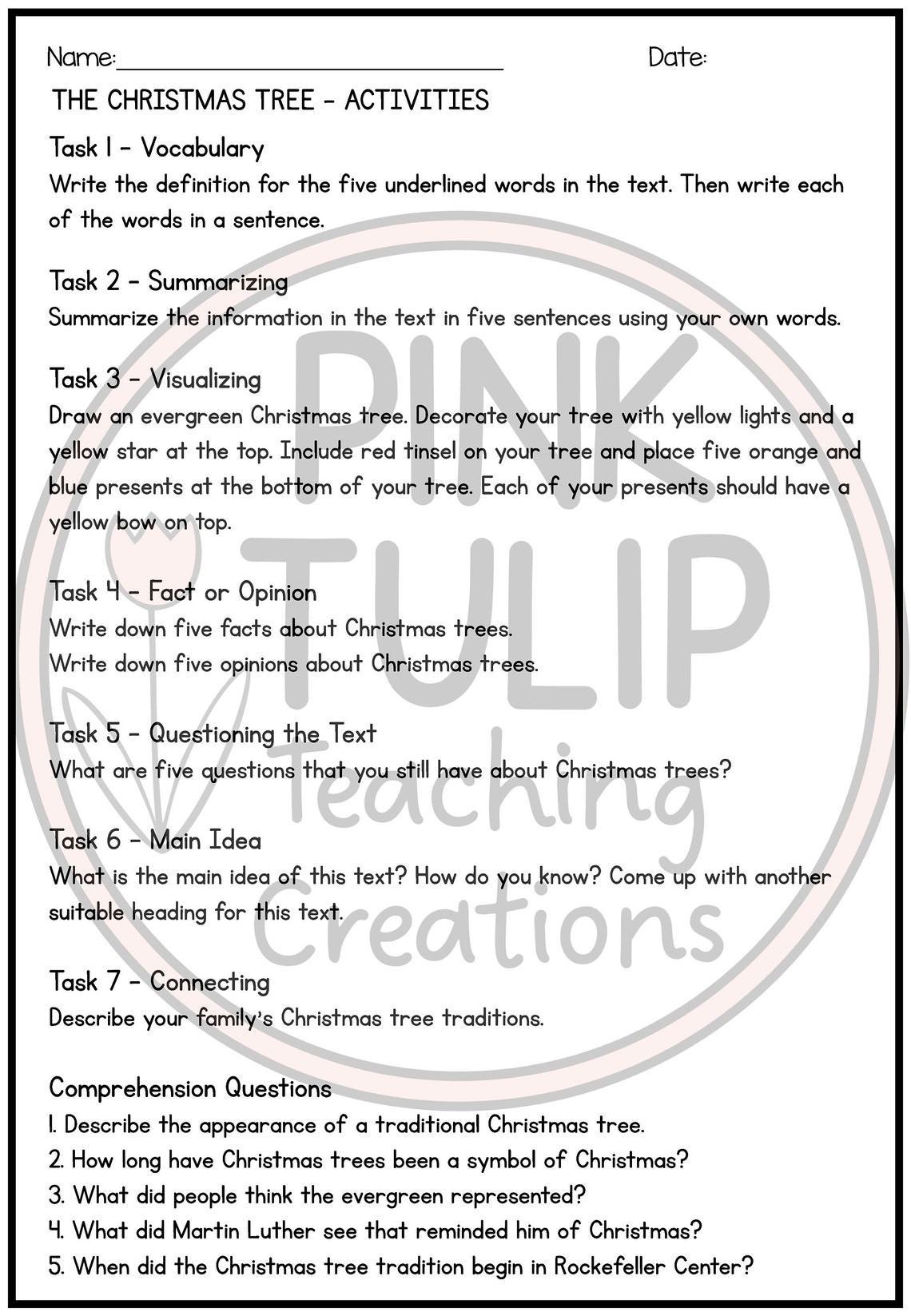 Christmas Tree Comprehension - Reading Strategy Worksheet - Etsy