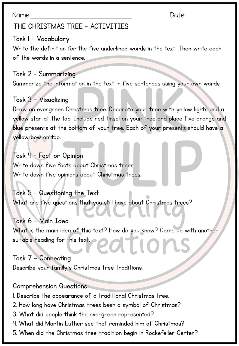 Christmas Tree Comprehension - Reading Strategy Worksheet - Etsy