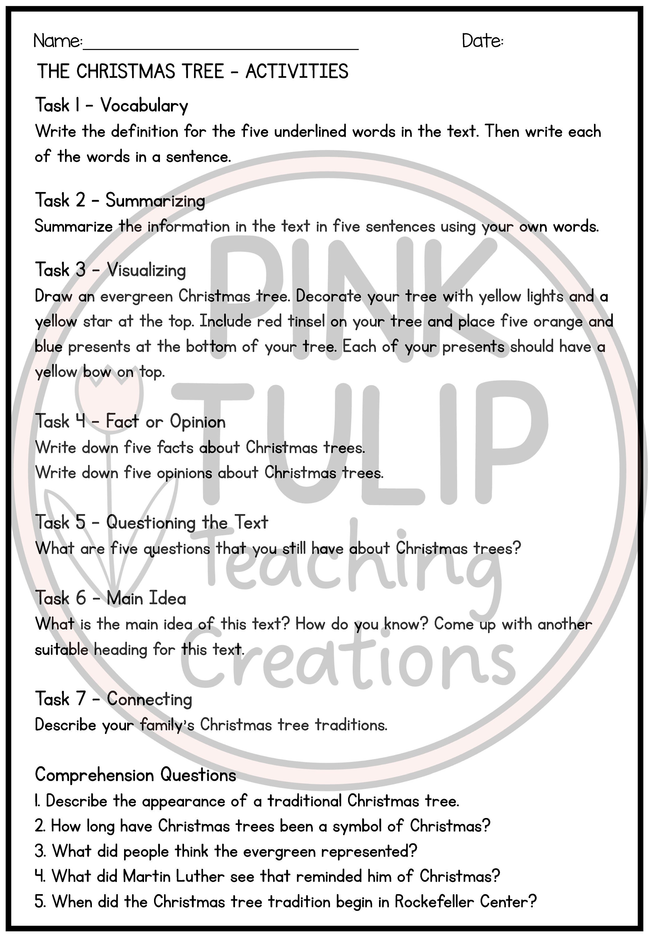 Christmas Tree Comprehension - Reading Strategy Worksheet - Etsy