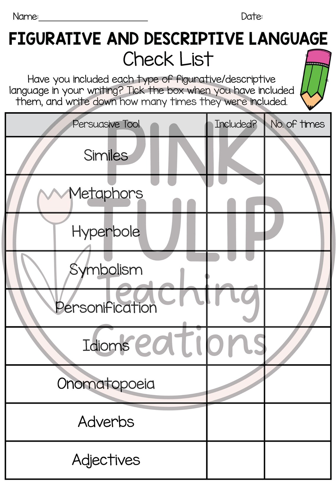 Figurative and Descriptive Language - Narrative Writing Worksheets - Etsy