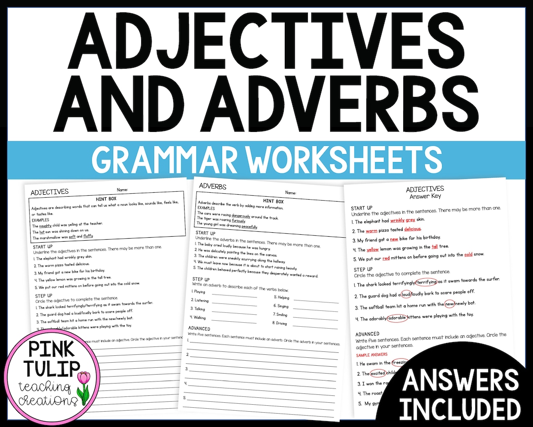 Adjectives and Adverbs Grammar Worksheets With Answers - Etsy