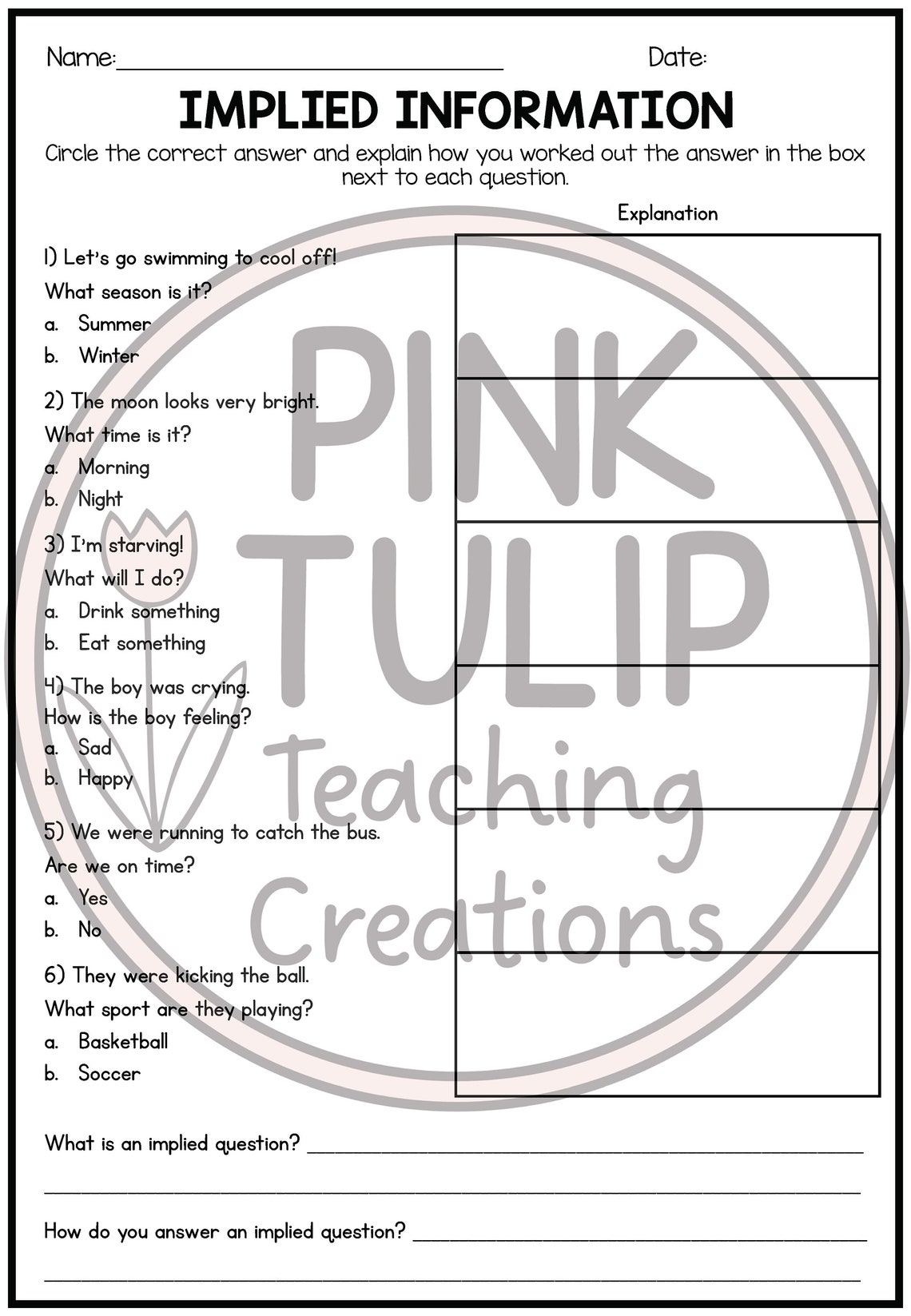 Implied Vs Literal Questions - Worksheets With Answers - Etsy