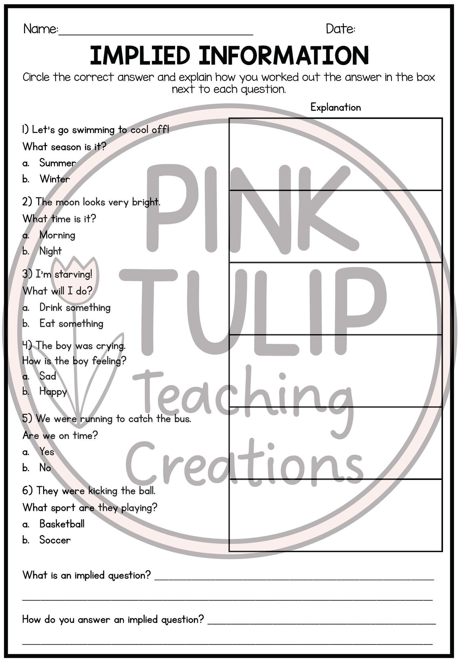 Implied Vs Literal Questions - Worksheets With Answers - Etsy