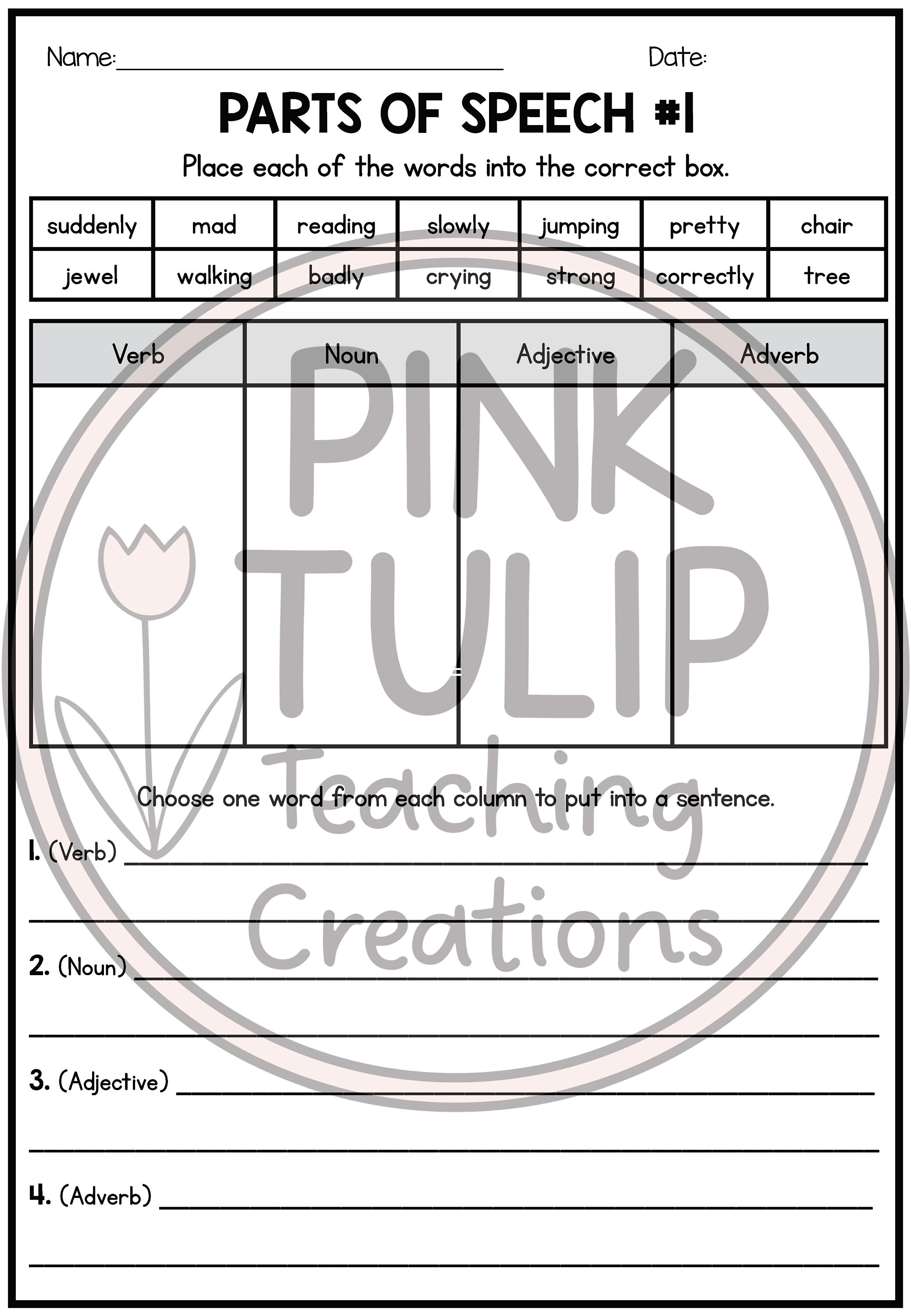 Parts of Speech Mini Unit - Structured Worksheet Pack - Etsy