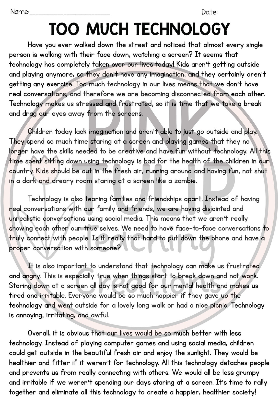 Persuasive Writing Comprehension - Too Much Technology - Etsy