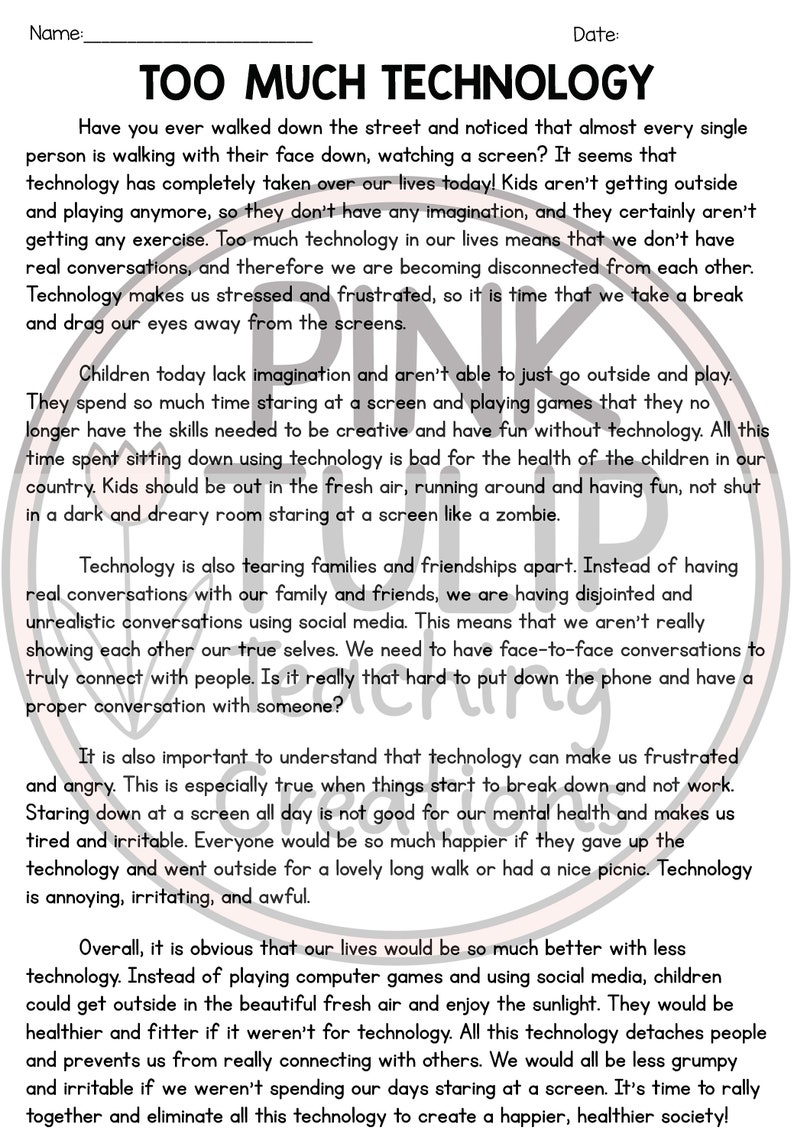 Persuasive Writing Comprehension - Too Much Technology - Etsy
