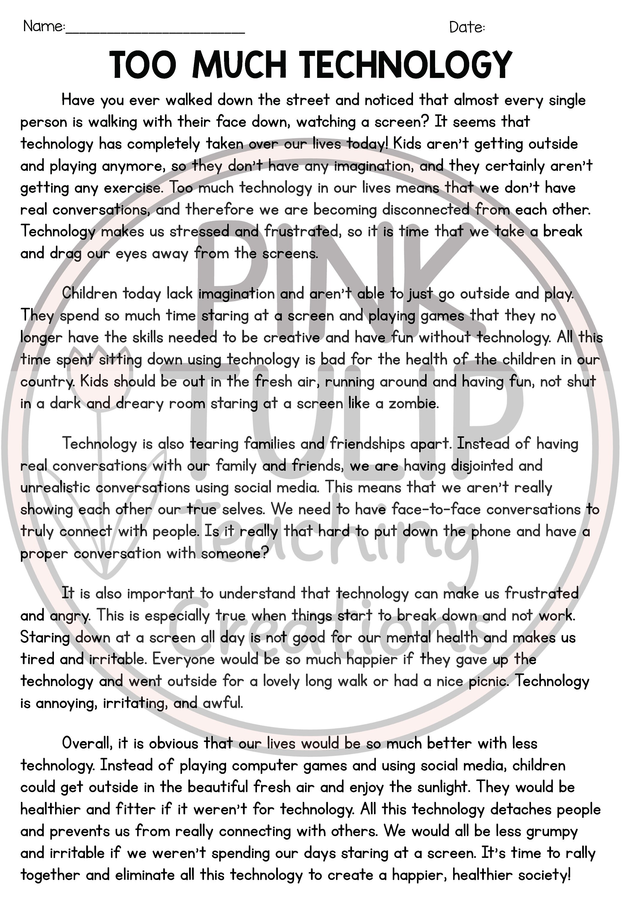 Persuasive Writing Comprehension - Too Much Technology - Etsy