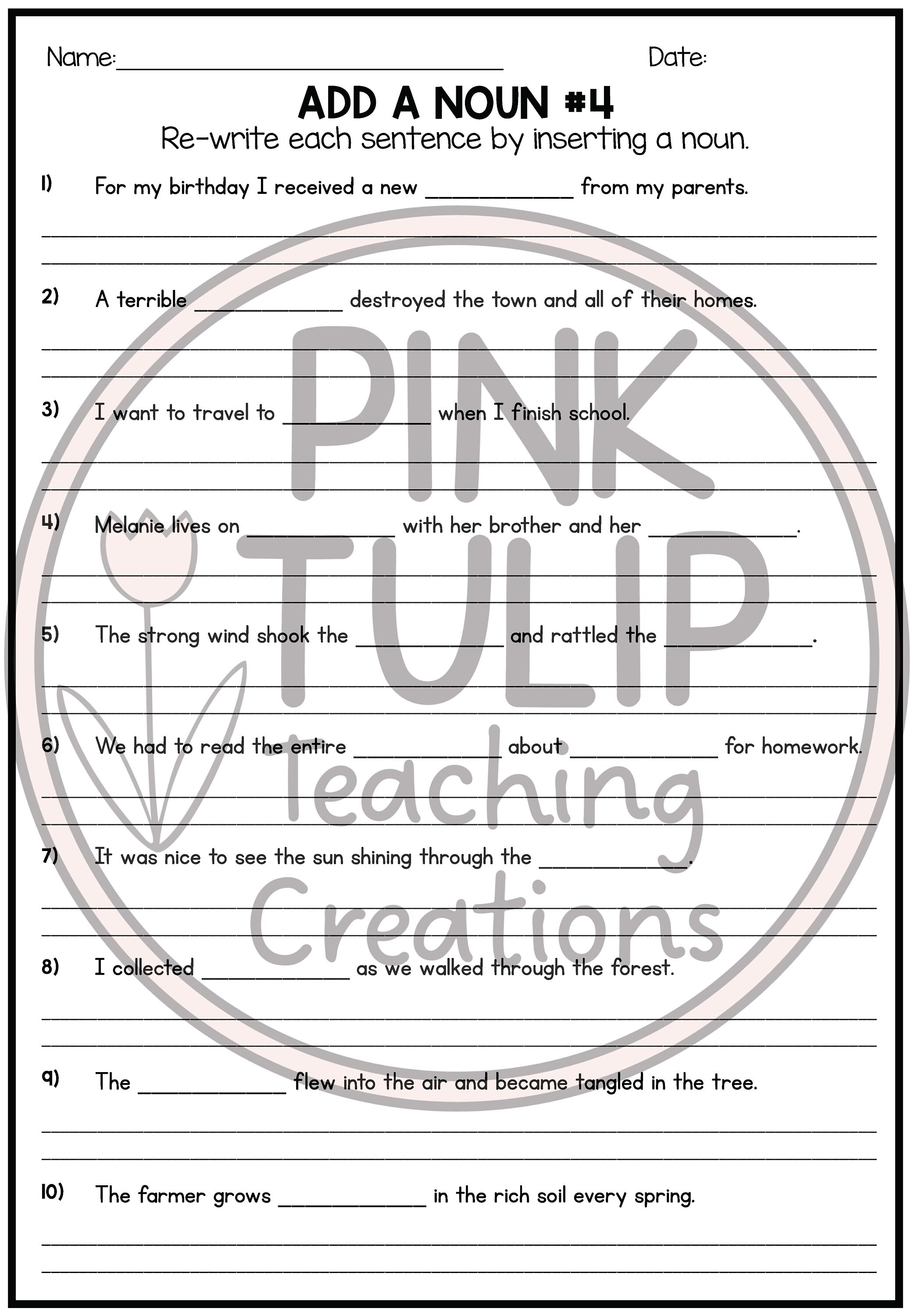 Add A Noun to the Sentences - Fill in the Blanks Worksheet Pack - Etsy